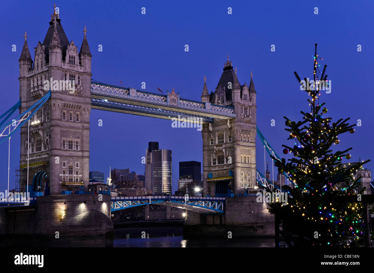 Christmas TREE and Tower Bridge landscape at night Stock Photo - Alamy