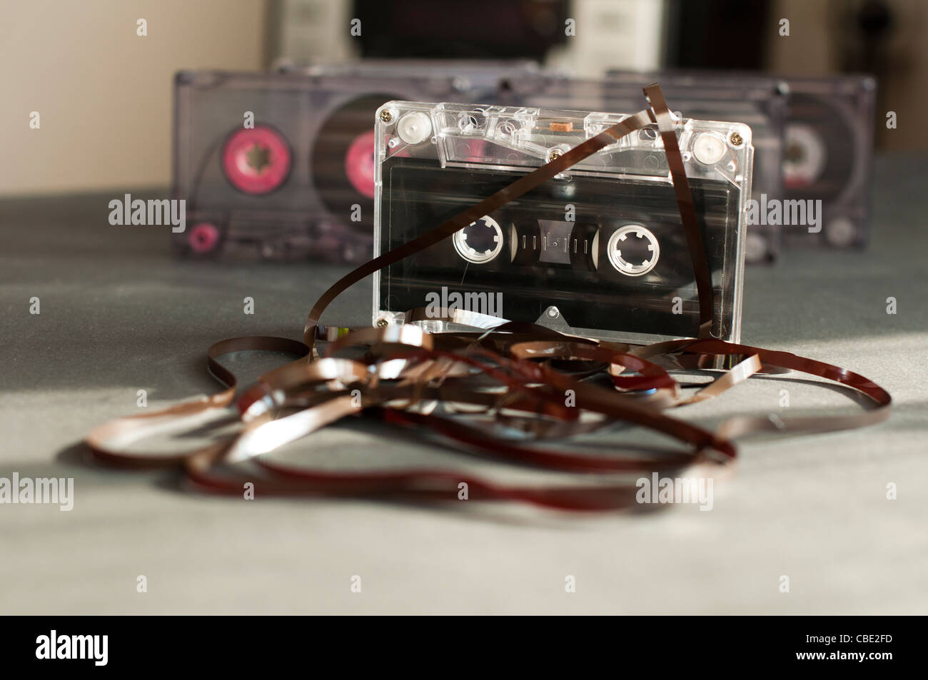 Audio tape cassette with subtracted out tape. Old broken cassette Stock ...