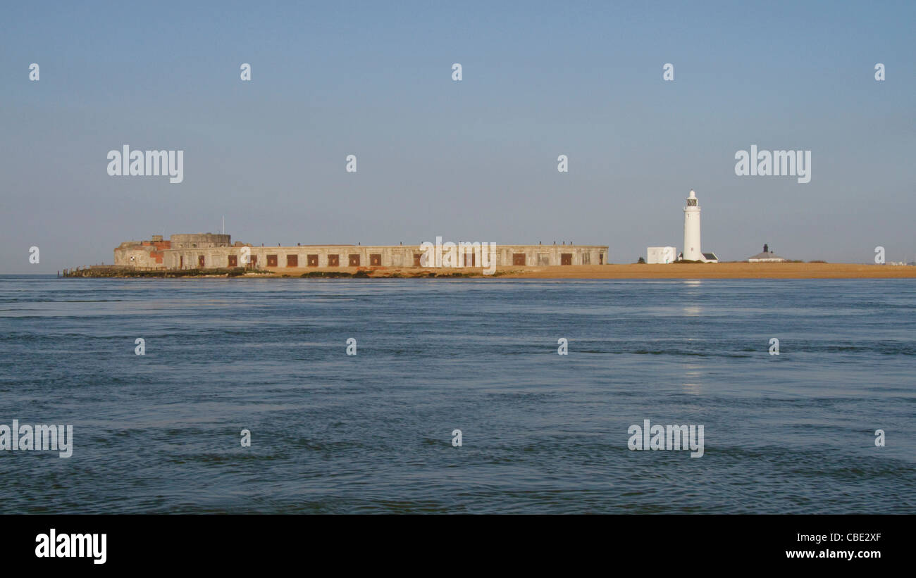 Hurst Castle and lighthouse, Hurst Point on the Hampshire coast, viewed ...