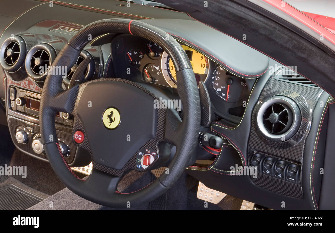 Steering wheel and dashboard with tachometer in a Ferrari F430 Italian ...