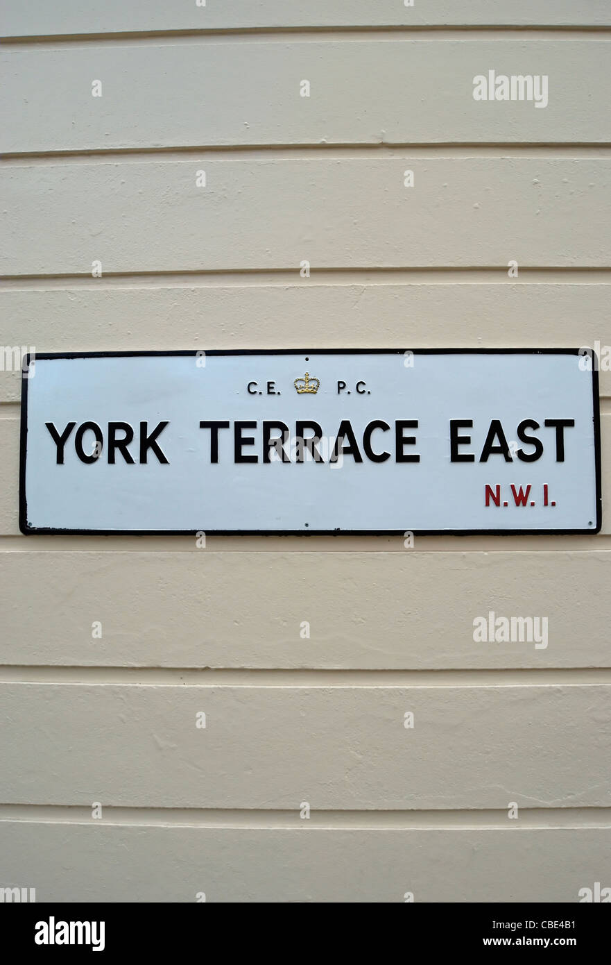 street name sign for york terrace east, london, england, with symbol of ...