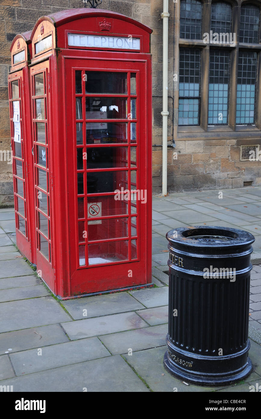British red telephone boxes and waste paper bin at Glasgow University ...