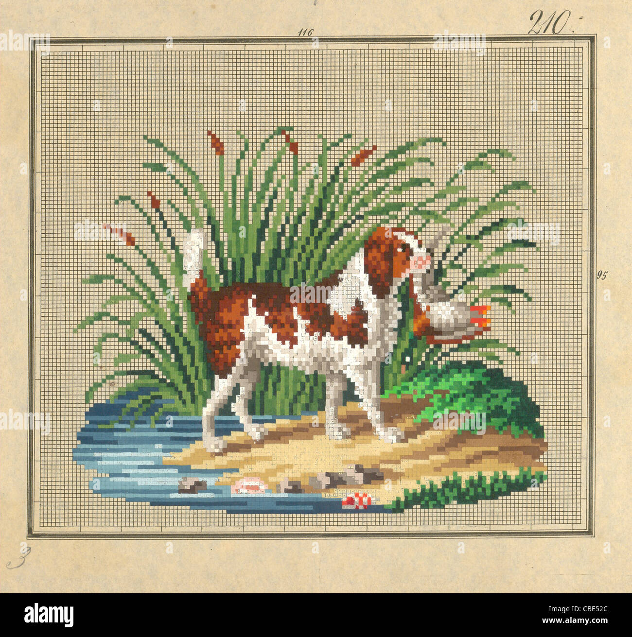 Berlin wool work pattern of spaniel retrieving bird Stock Photo - Alamy
