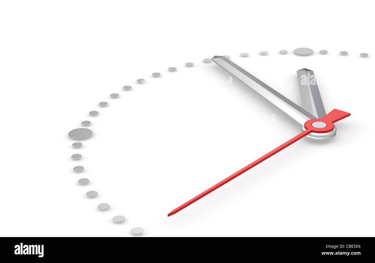 Perspective view of a clock with hands pointing at five to twelve ...