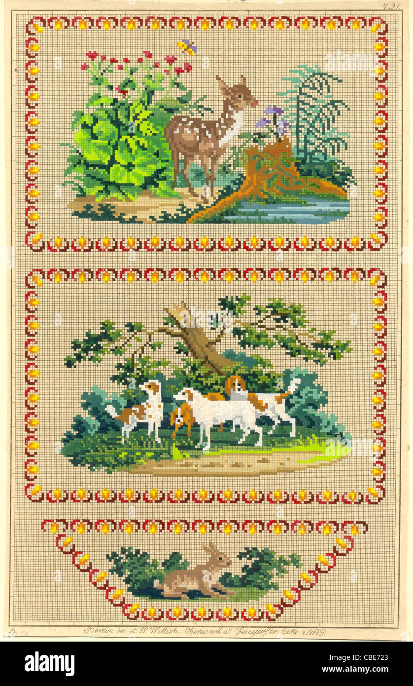 Berlin wool work pattern of hounds for a writing case Stock Photo - Alamy