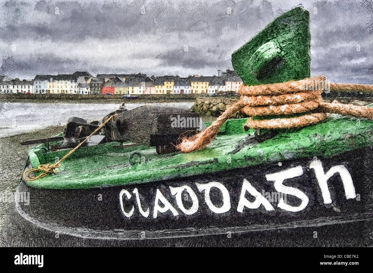 Photo painting of small fishing boat in Irish marina. In the background ...