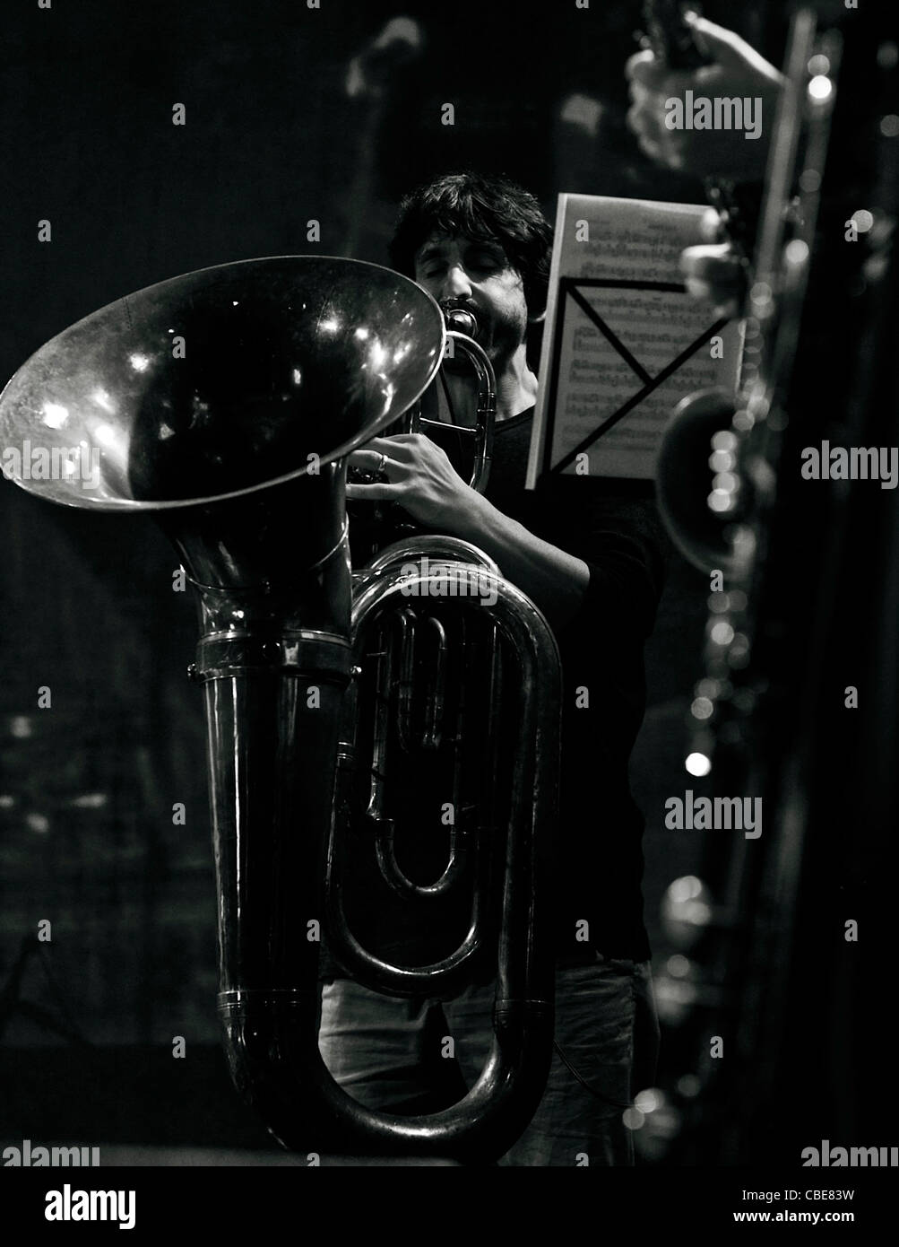 jazz musician playing bass tuba Stock Photo - Alamy