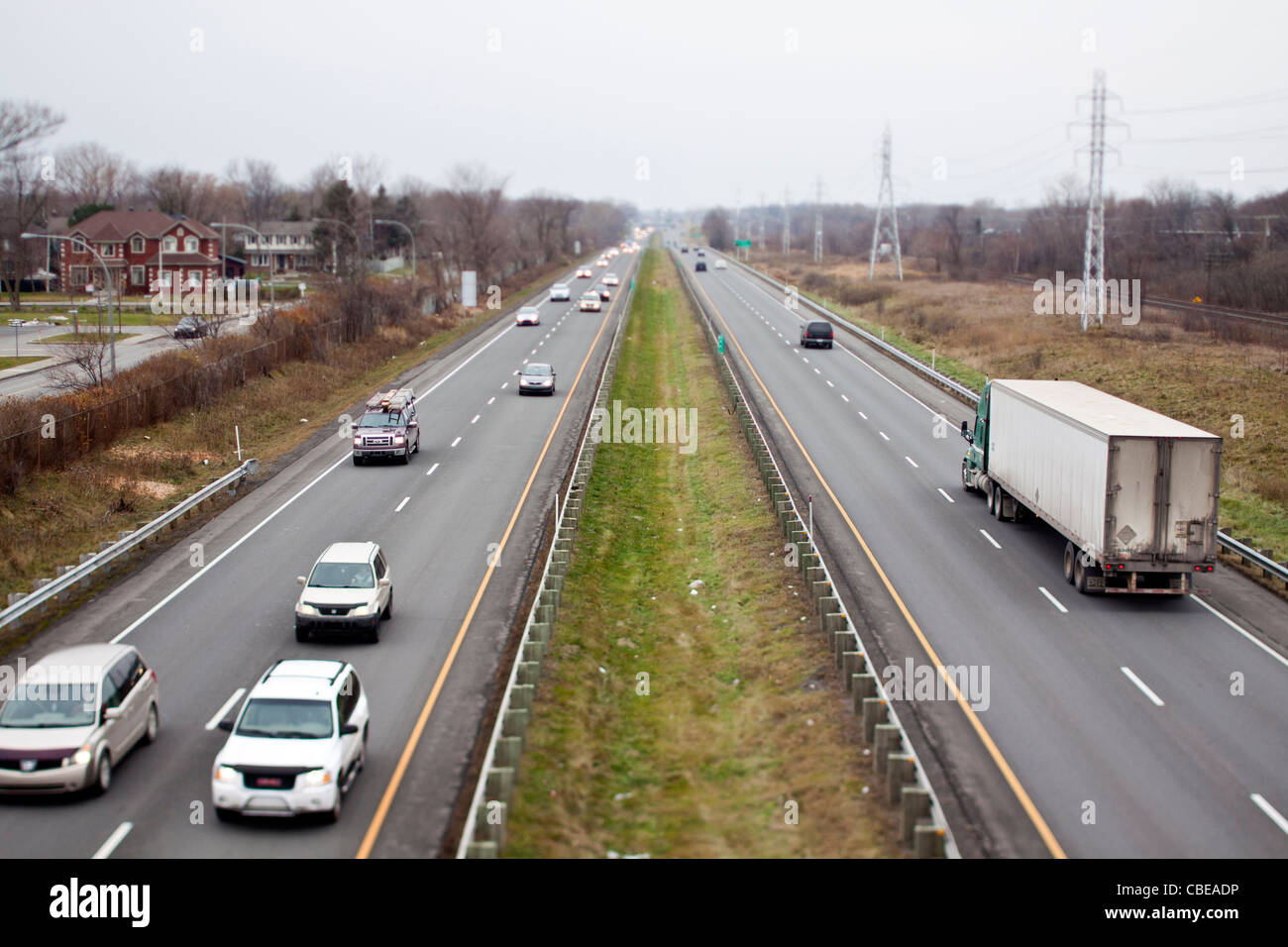 Car traffic on the highway that passes through Montreal, Canada Stock ...