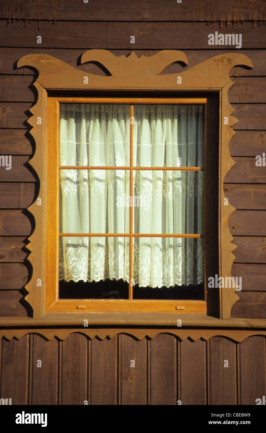 Window of a traditional wooden building, Jedlnia, Poland Stock Photo ...
