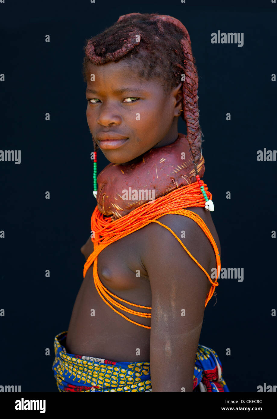 Mwila Girl With The Traditional Vikeka Mud Necklace, Angola Stock Photo ...