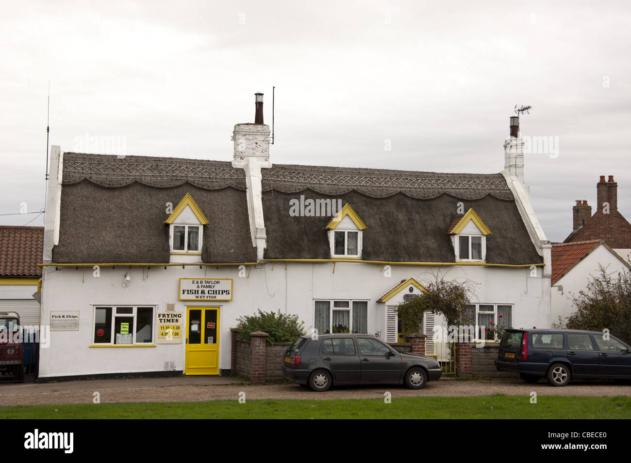 Fish and chip shop with thatched roof Martham, Norfolk, England UK ...