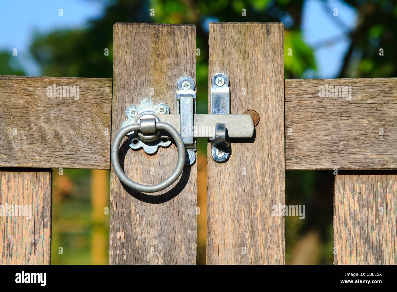 Close up closed latched wooden gate on a sunny day Stock Photo - Alamy