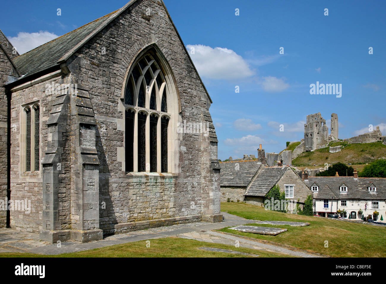 Corfe Castle - View of the castle ruins from St Edward's Church Stock ...