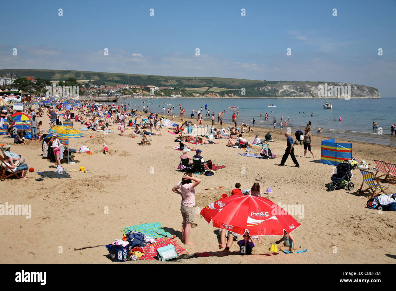 Scene on the beach at Swanage a popular resort on the south coast Stock ...