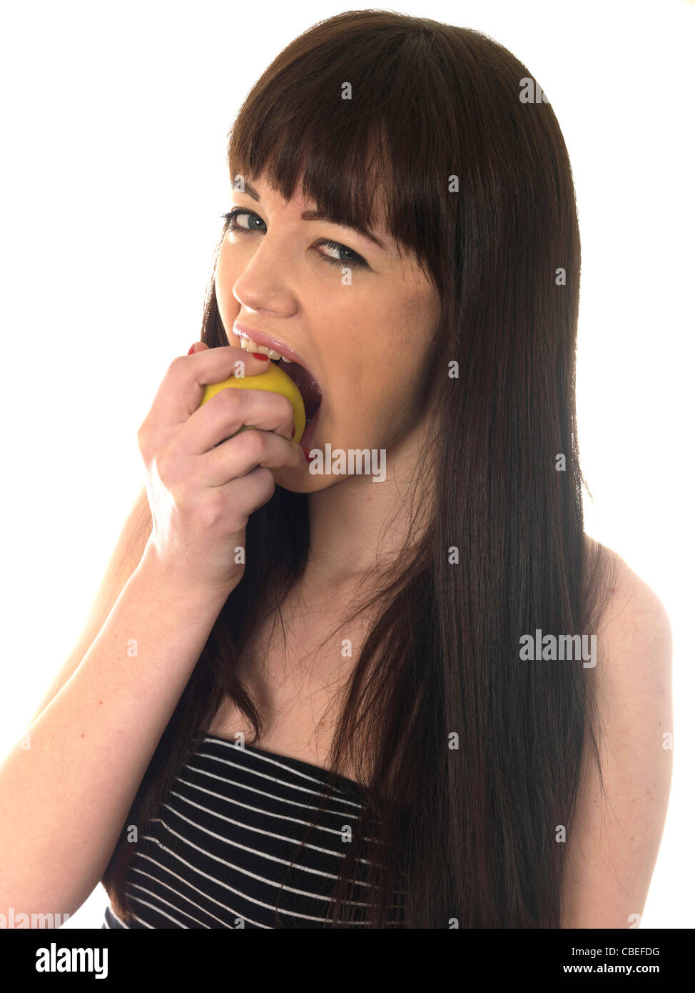Healthy Happy Young Woman Eating an Apple. Model Released Stock Photo ...