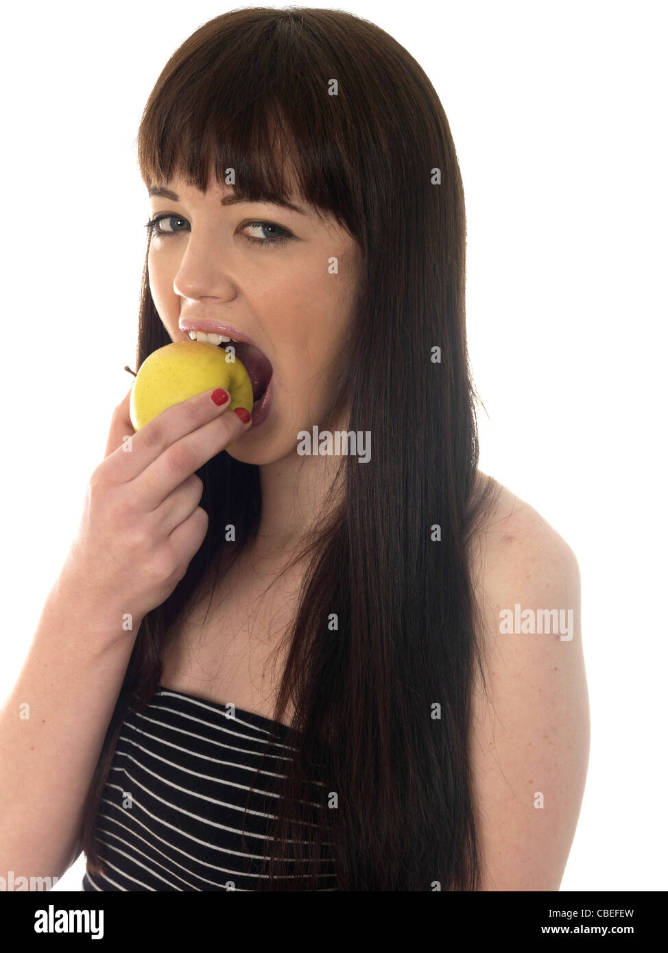 Healthy Happy Young Woman Eating an Apple. Model Released Stock Photo ...