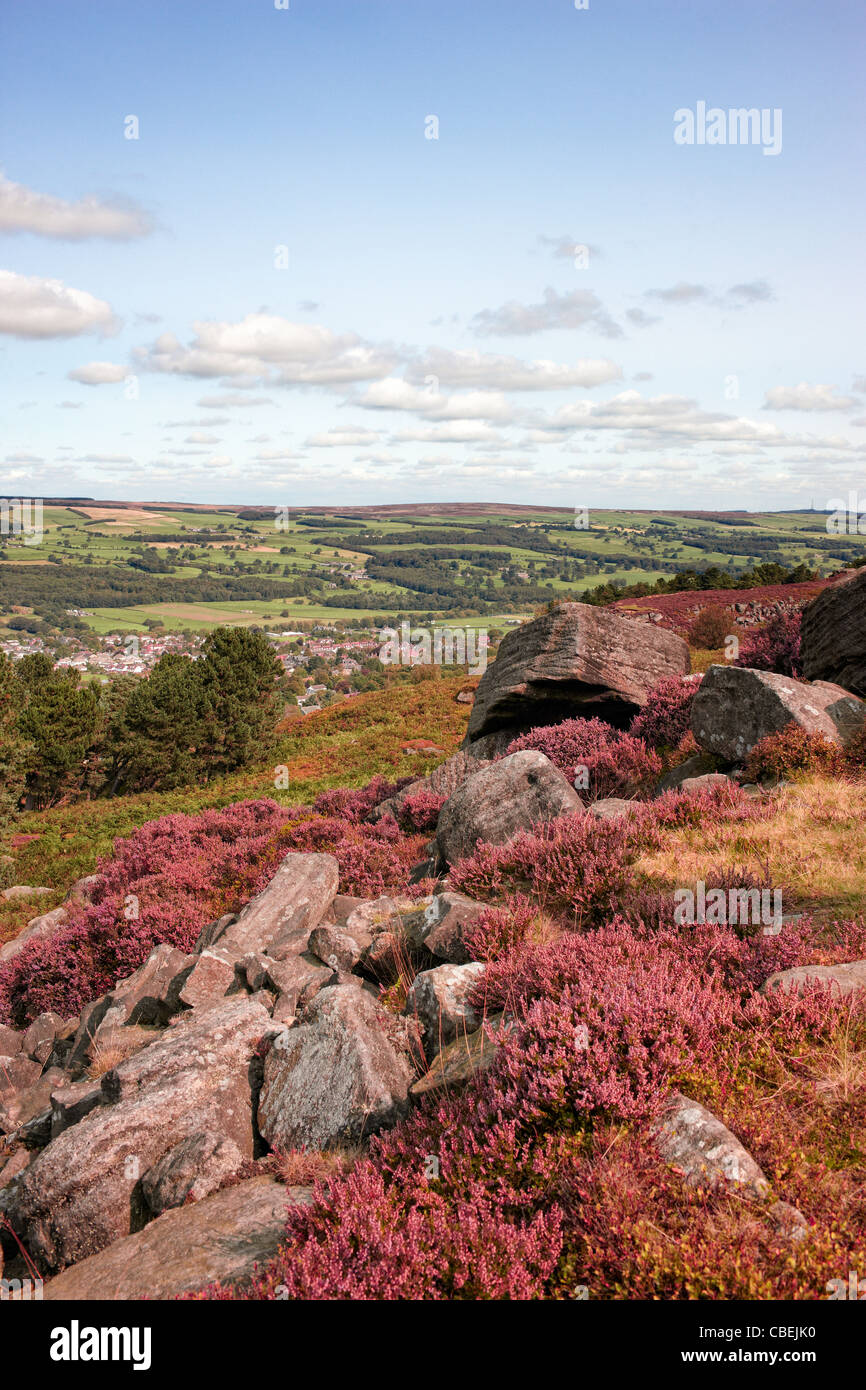 Looking down onto the town of Ilkley from the heather covered Ilkley ...