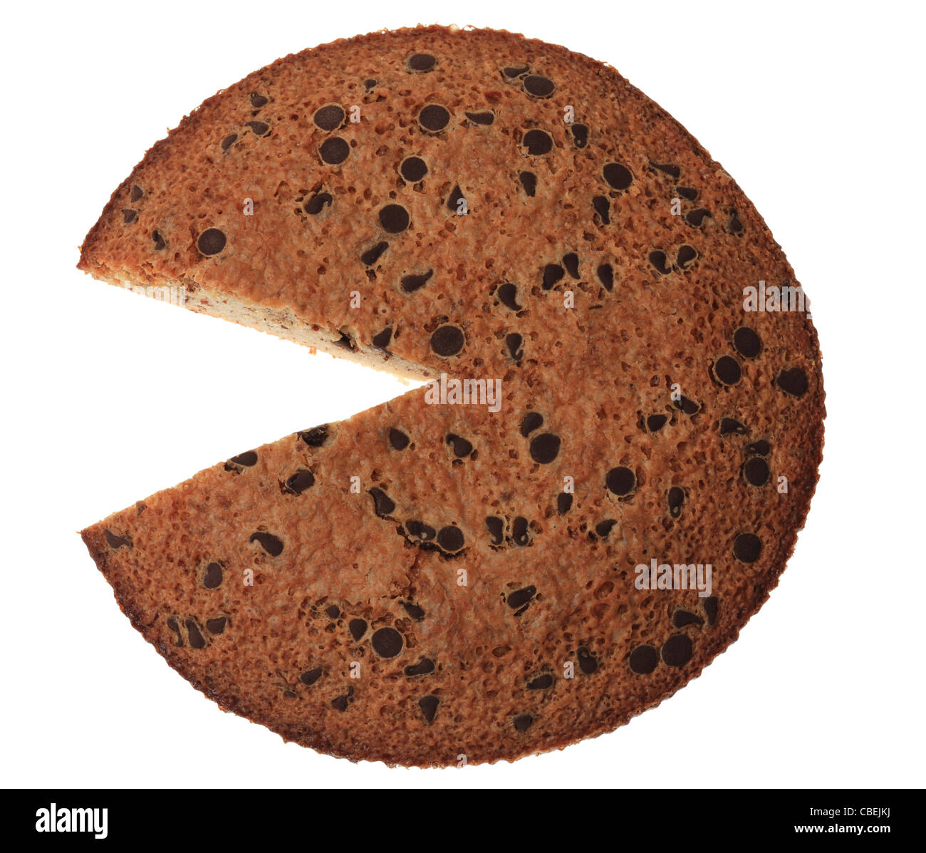 Upper view of a French round cake with a piece missing, isolated ...