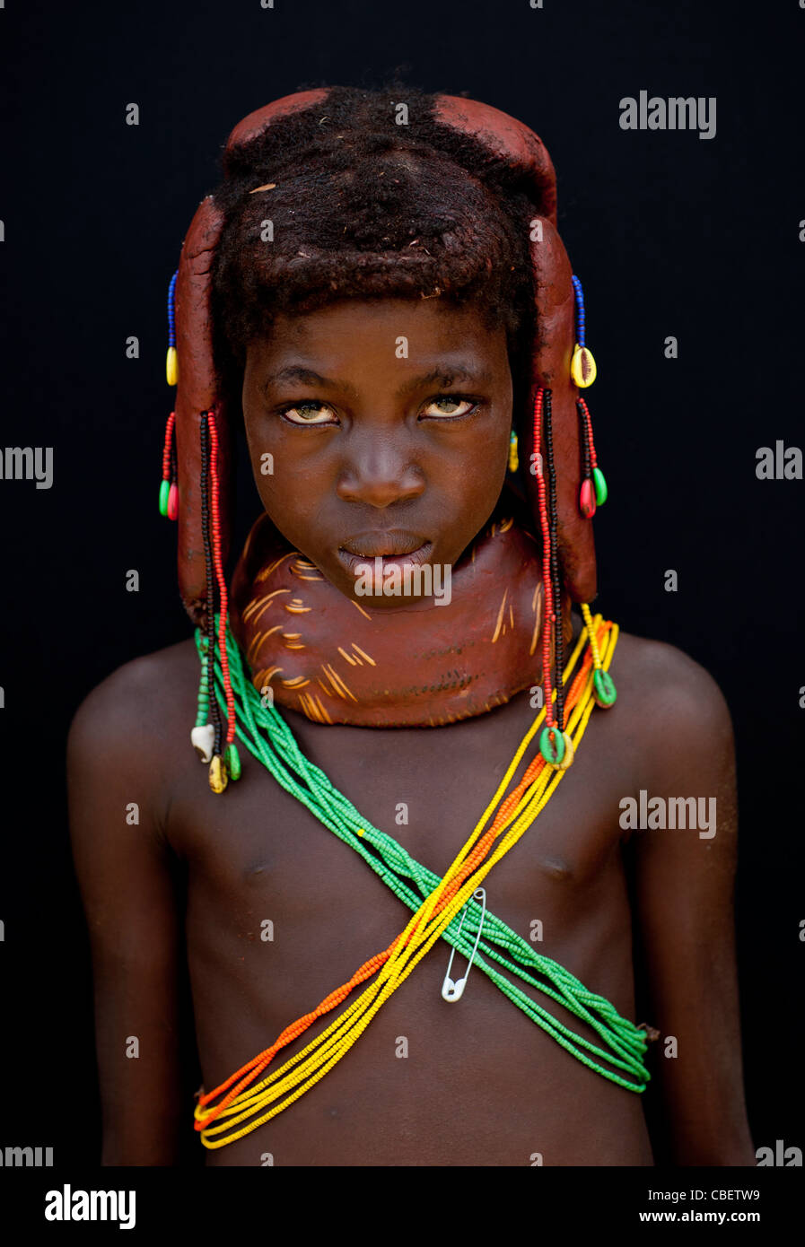 Mwila Girl With The Traditional Vikeka Mud Necklace, Angola Stock Photo ...