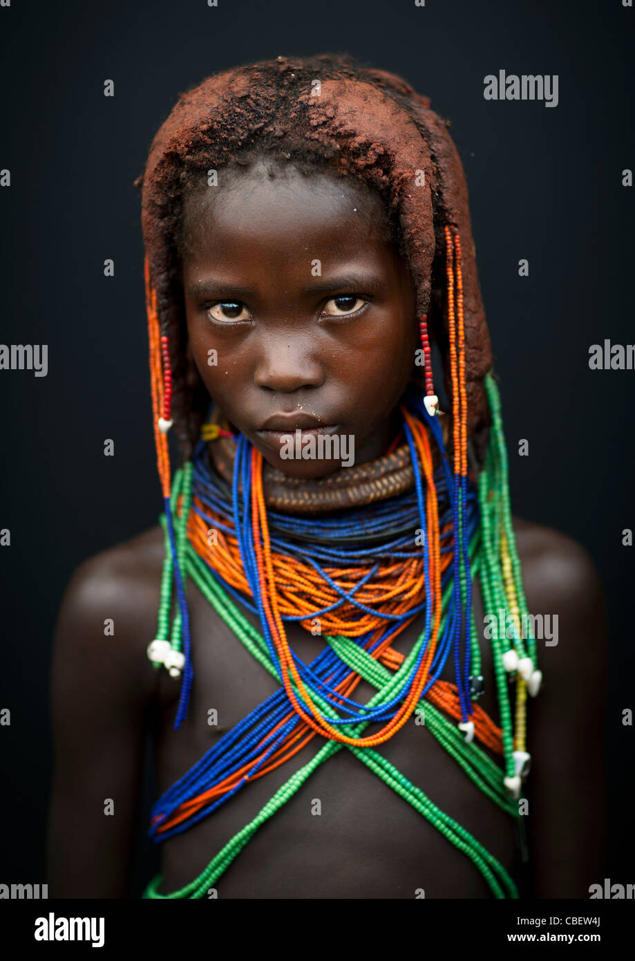 Mwila Girl With The Traditional Vikeka Mud Necklace, Angola Stock Photo ...