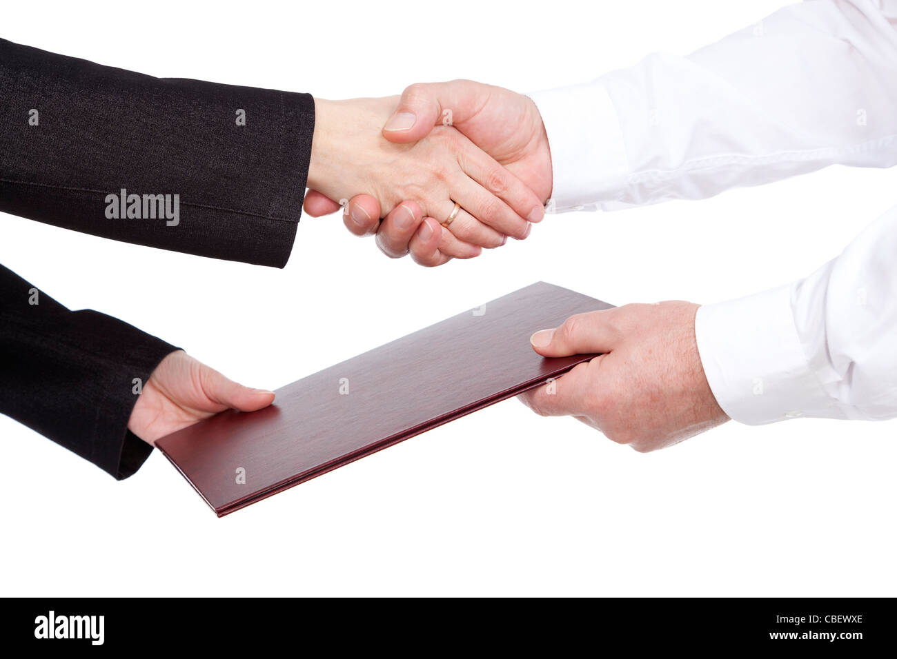 man passes document of second person on white background Stock Photo ...