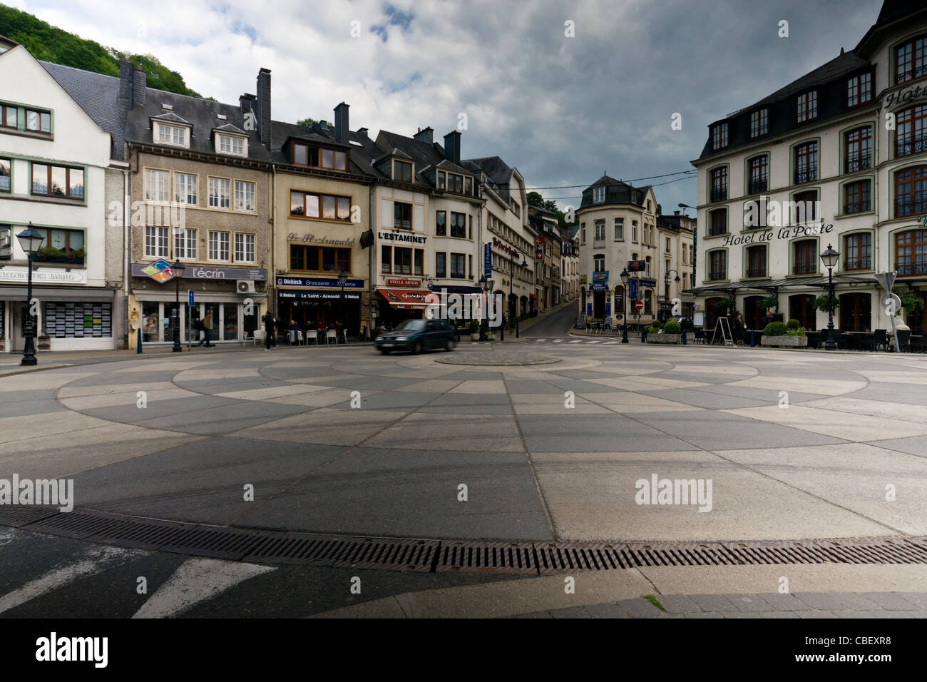 Bouillon, Belgium. The Town center and a unique traffic circle Stock ...