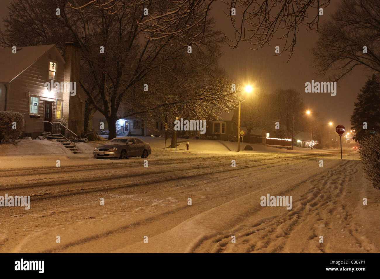 A street at night in a snow storm in Minneapolis, Minnesota Stock Photo ...