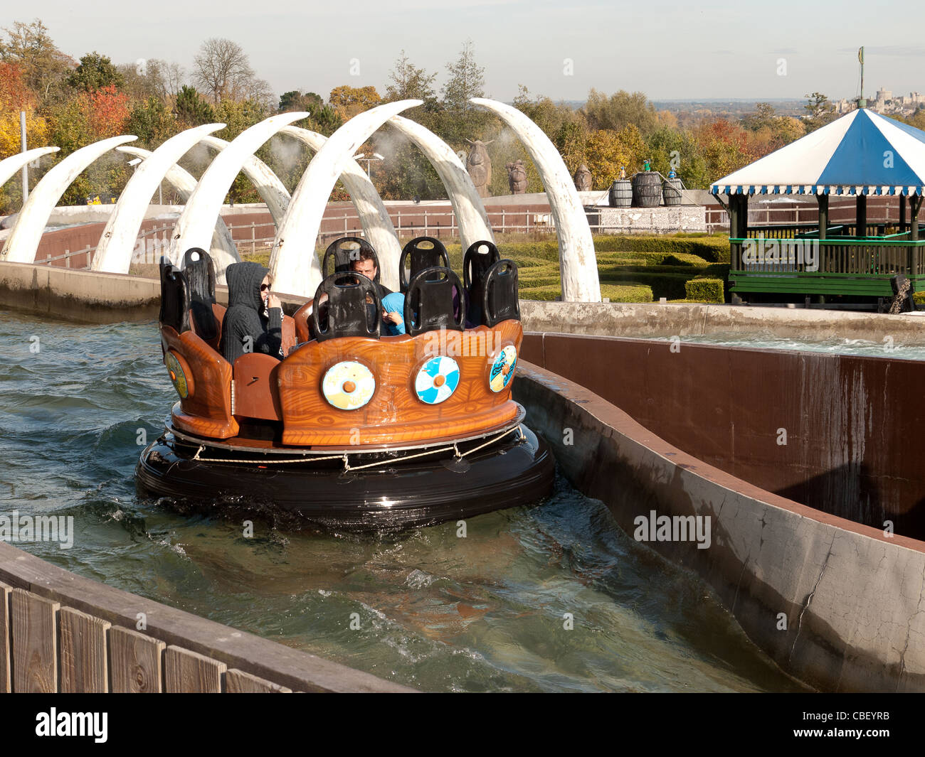Visitors, in the river splash ride in Legoland, Berkshire, UK Stock ...