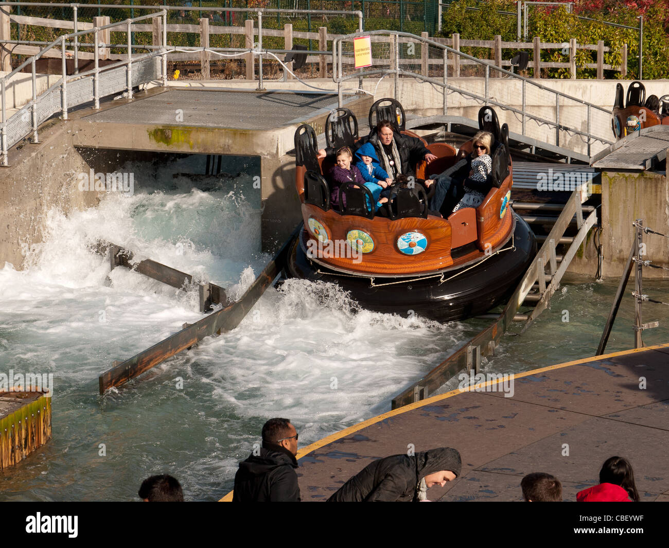Visitors, in the river splash ride in Legoland, Berkshire, UK Stock ...