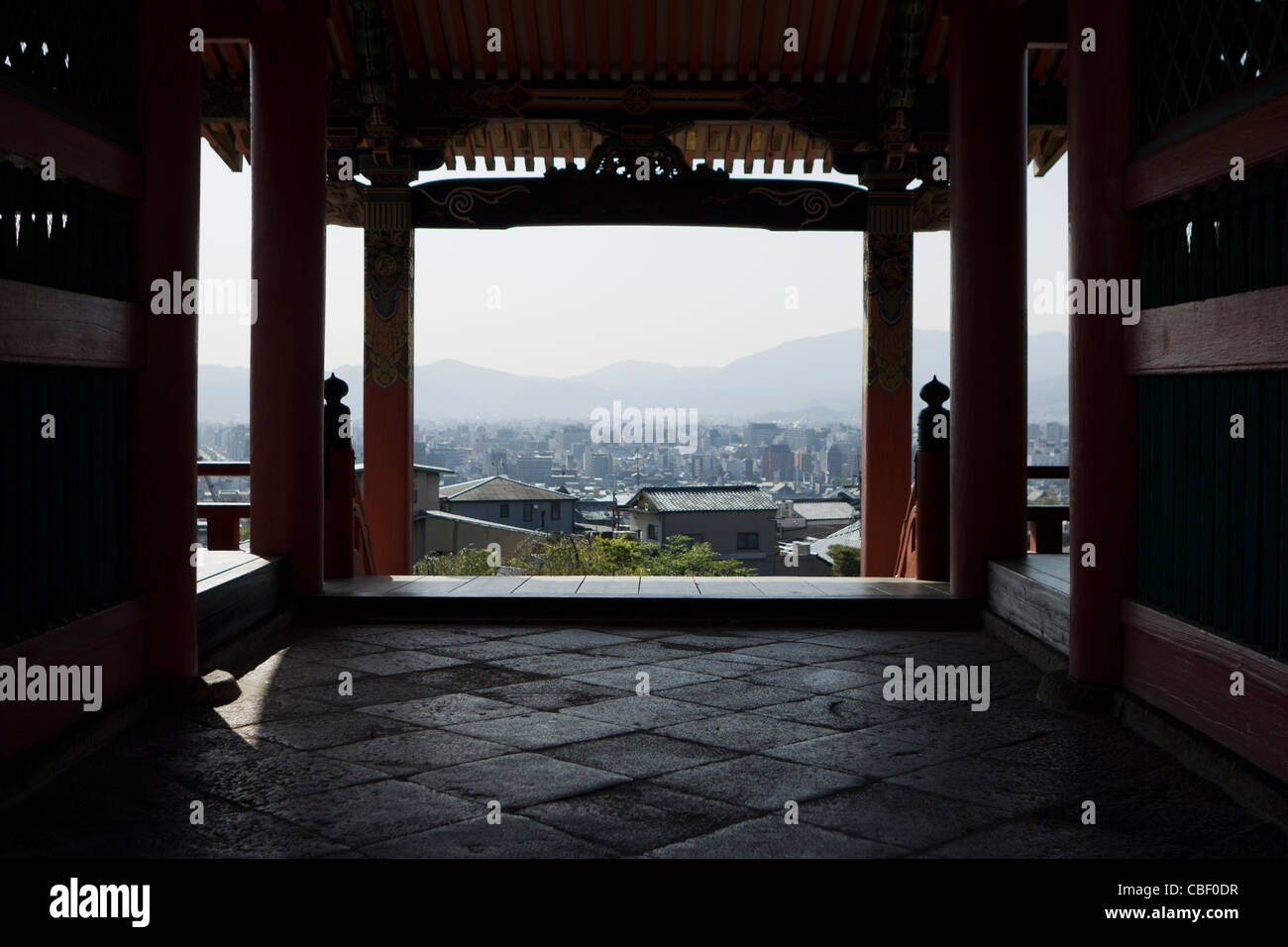 View through a terrace opening in the Japanese city of Kyoto Stock ...
