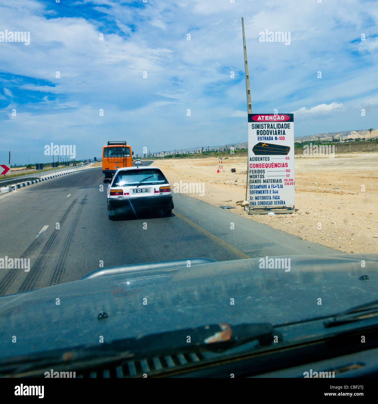 Road Sign Warning On The Dangers Of The Road, Lobito, Angola Stock ...