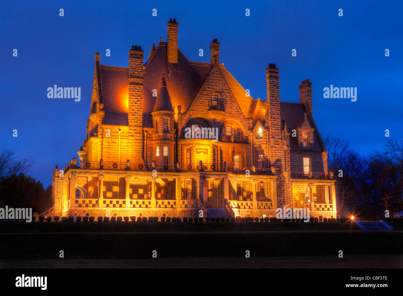 Craigdarroch castle with lights on at dusk-Victoria, British Columbia ...