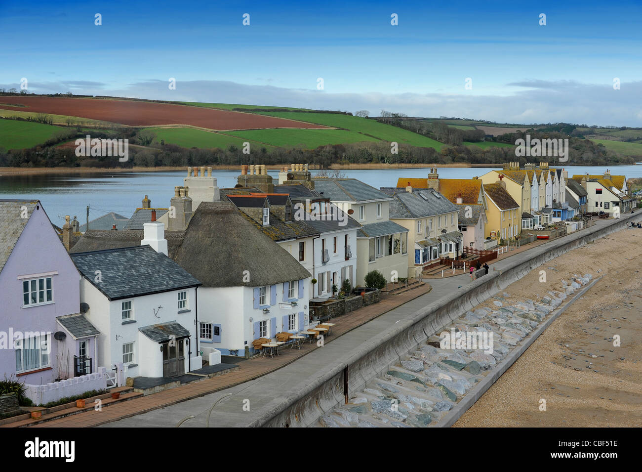 The village of Torcross with the sea on the right and the freshwater of ...