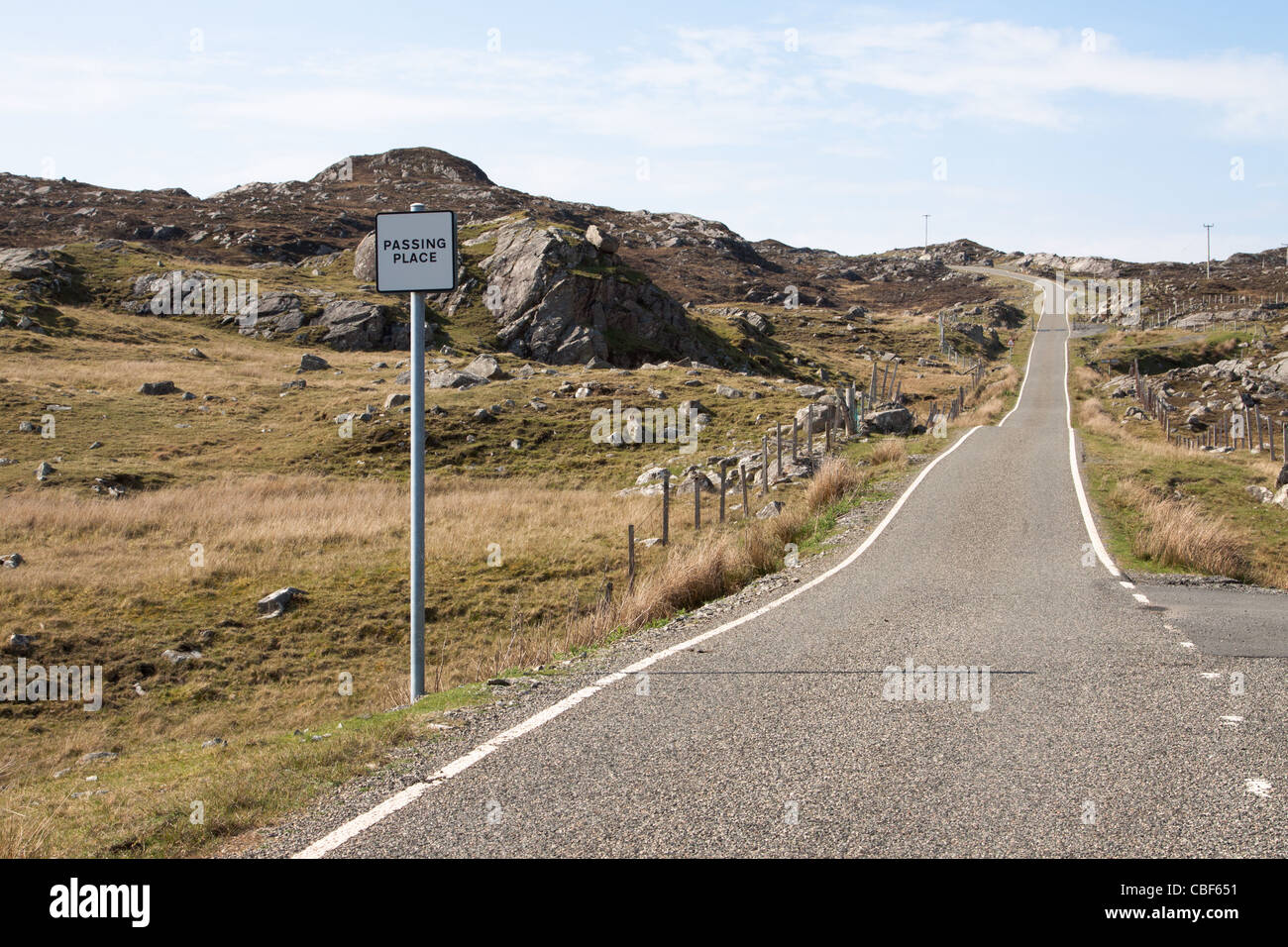 single track road with passing place sign on Isle of Harris, Outer ...