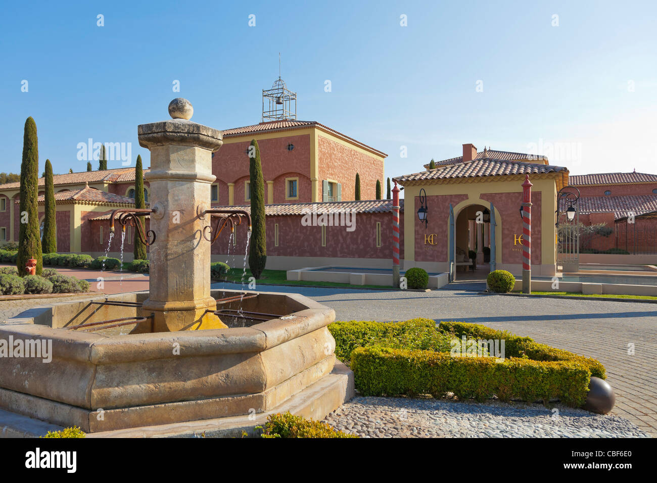 Main entrance of the Hotel du Castellet, decorate with a fountain ...