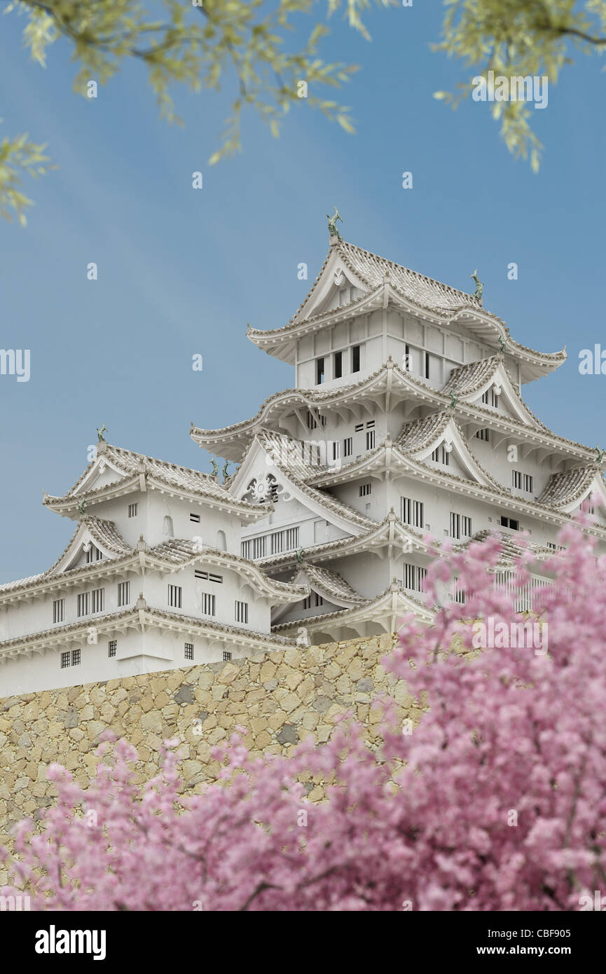Japanese pagoda building, viewed from a lower level, with plants in the ...