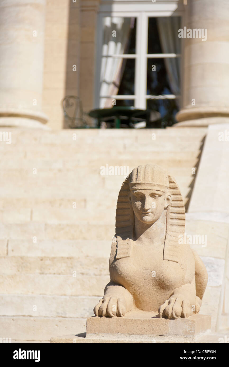 The sphinx has pride of place on the stairs., The Château Margaux wine ...