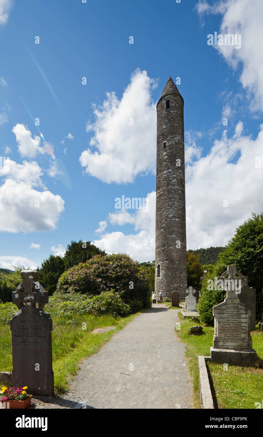 Cemetery and Round tower, Glendalough, County Wicklow, Ireland Stock ...