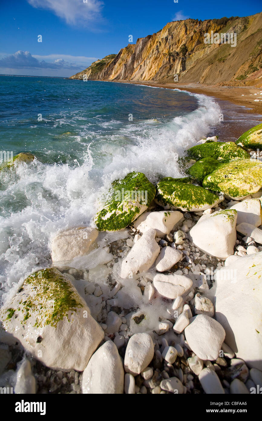 chalk, boulders, sea, beach, coloured, colored, sands, Alum Bay, Isle ...