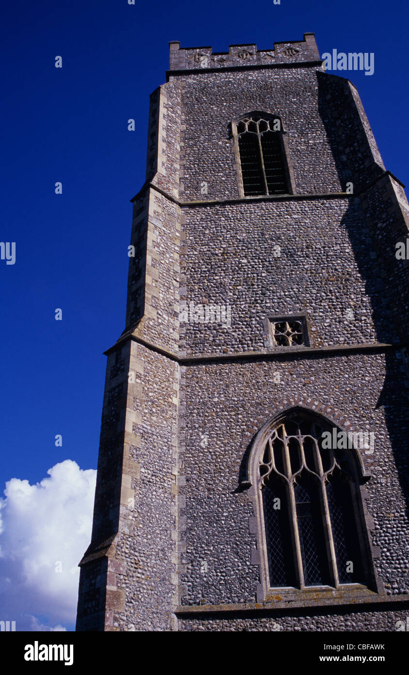 Stone and flint belltower of 15th- century Gothic Perpendicular church ...