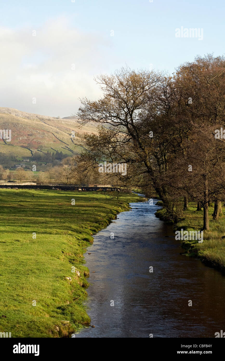 Austwick Beck with Studrigg Scar and Long Scar in the background winter ...