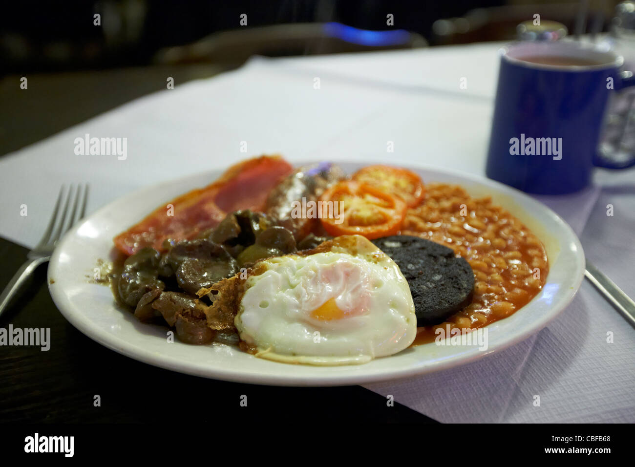 full english fried breakfast including meat and offal and mug of tea in ...