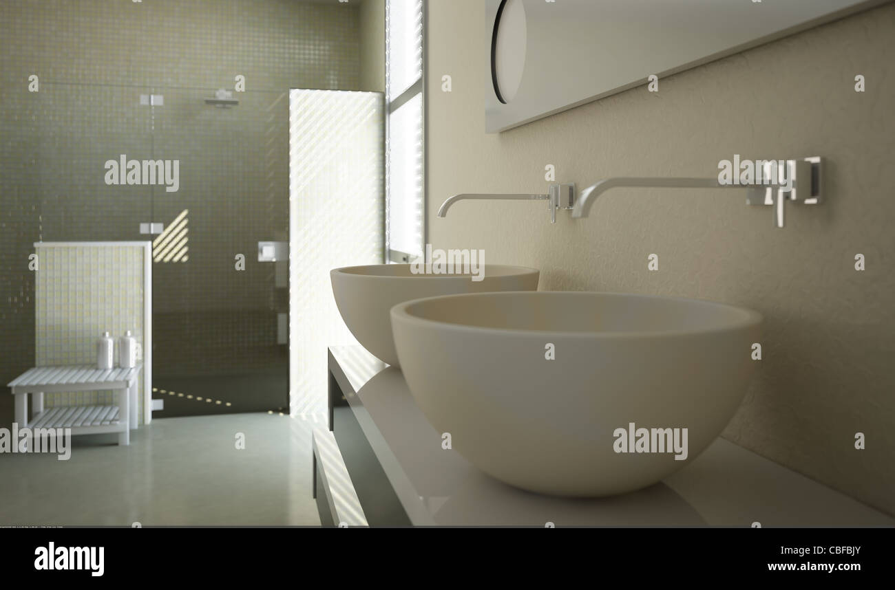 Modern bathroom view with close up on the sinks and a glass shower in ...