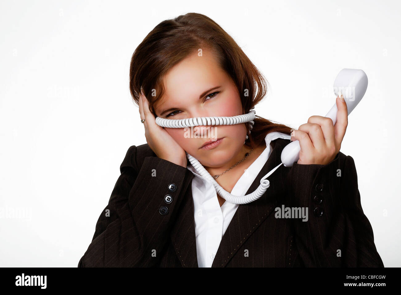 portairt of woman with telephone cord wrapped around face Stock Photo ...