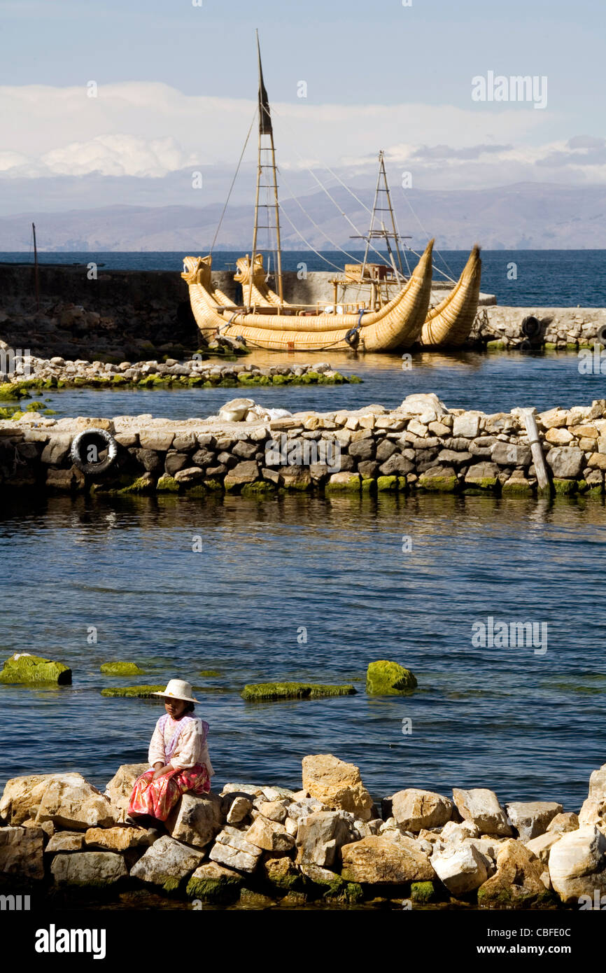 Typical boat built with canes canopy at Isla del sol on the lake ...