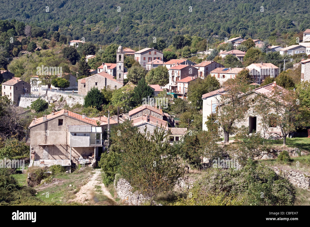 Old stone buildings in the mountain village of Quenza, in the Alta ...