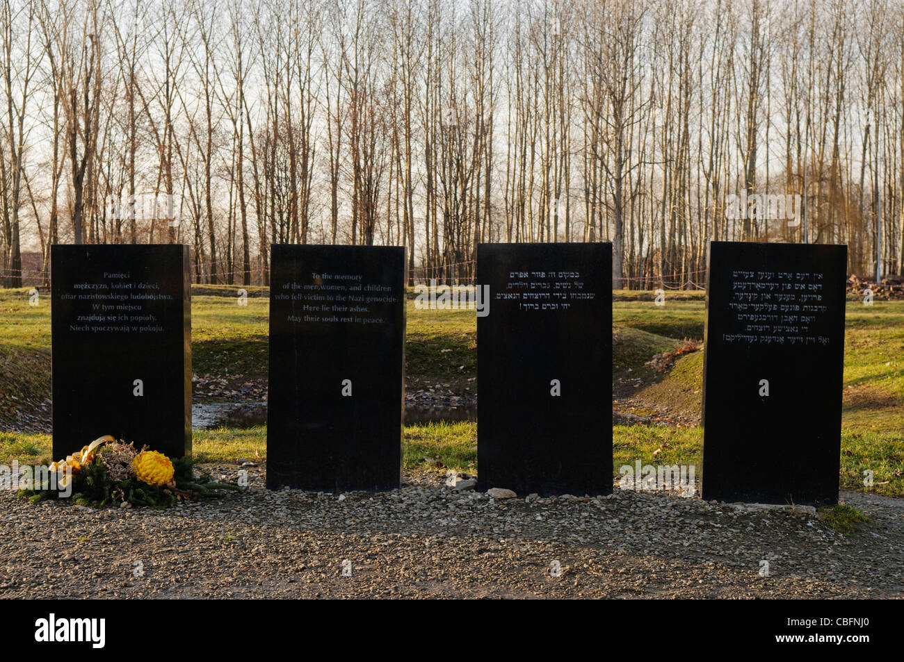 Memorials beside giant pits for disposal of human ashes at Auschwitz II ...