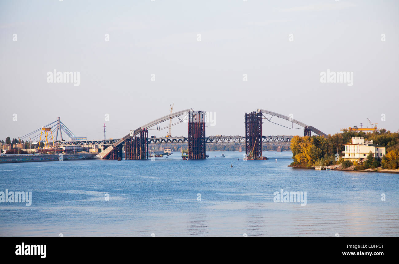 New bridge under construction across the Dnipro River in Kiev, Ukraine ...