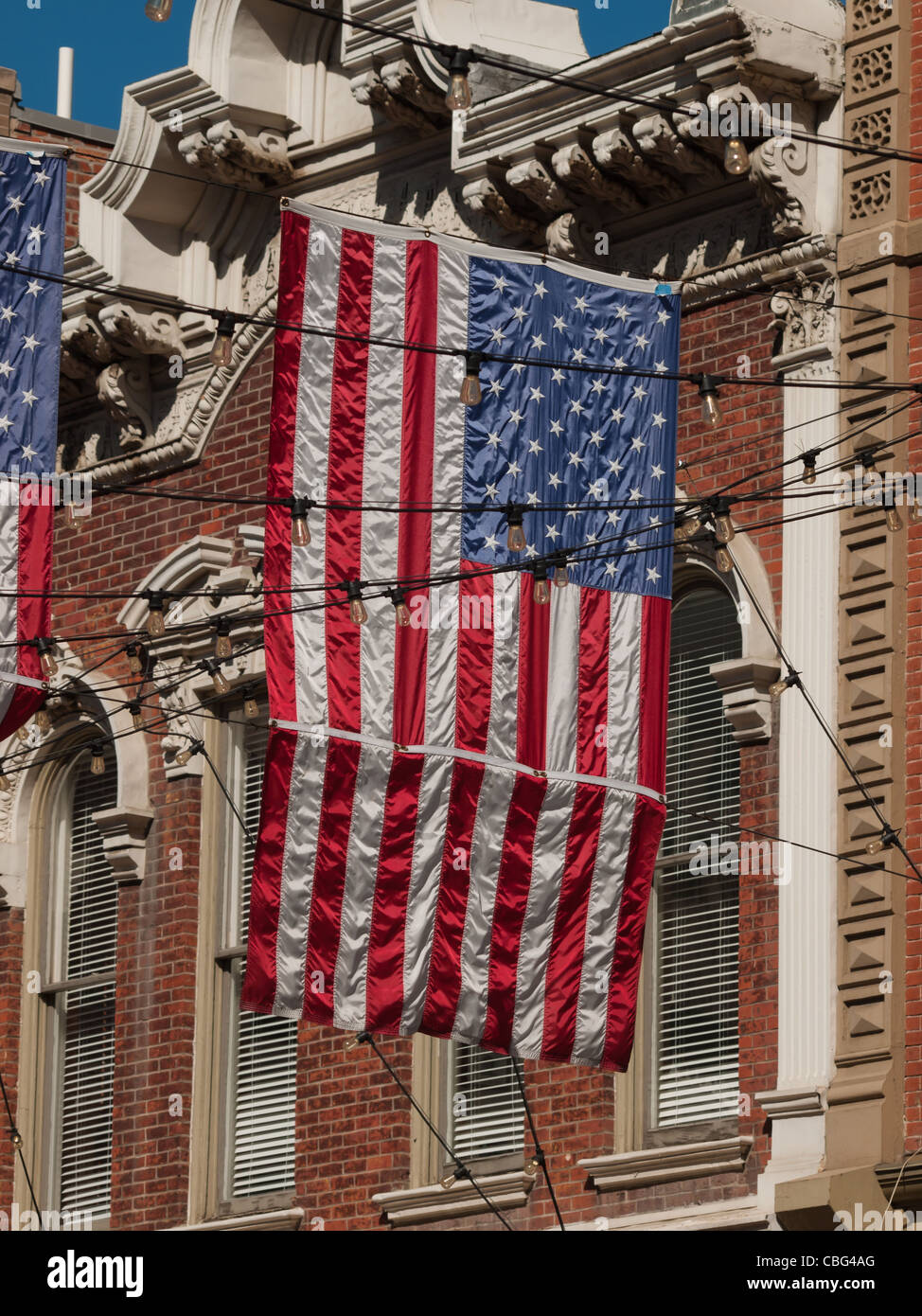 Larimer Square in Denver, Colorado with american flags Stock Photo - Alamy