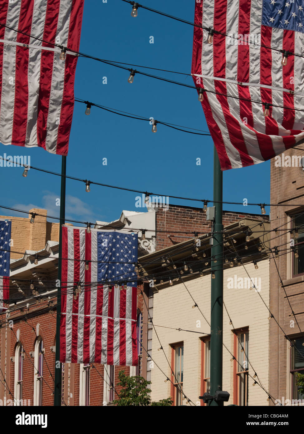 Larimer Square in Denver, Colorado with american flags Stock Photo - Alamy
